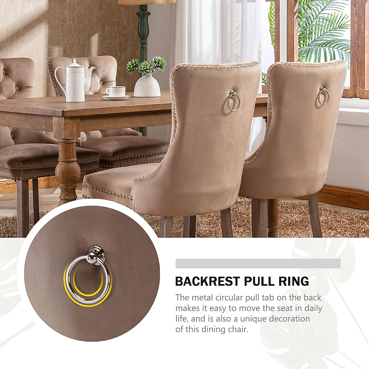 Hixkol Velvet Dining Chairs Set of 2,Upholstered Dining Chairs with Ring Pull Trim and Button Back,Modern Seating for Kitchen, Bedroom & Living Room(Khaki)