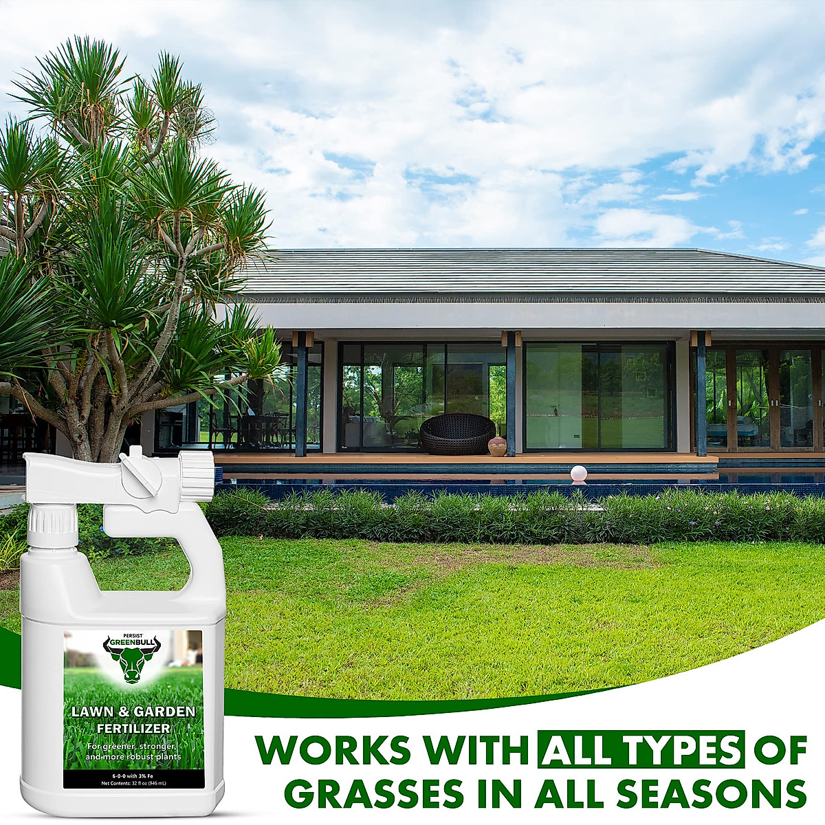 Persist Green Bull - 32oz Liquid Grass Fall Fertilizer Sprayer for Lawn and Garden Soil - Naturally Enhances Green and Creates Nitrogen Rich Plant Soil, Naturally Based Fertilizer for Greener Plants