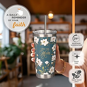 Christian Art Gifts Large Stainless Steel Double Wall Vacuum Insulated Travel Tumbler for Mothers: Love You, Mom, Inspiring Scripture, Hot/Cold, Flip Top Lid, Resusable Straw, Dark Teal Floral, 18 oz.