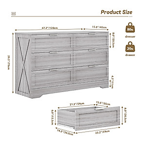 FTZxHKLX Modern 6-Drawer Dresser for Bedroom, Dresser Chest of Drawer with Large Drawers & Golden Handles, Wooden Dresser Drawer Storage Unit for Bedroom, Living Room, Closet (Wash Grey)