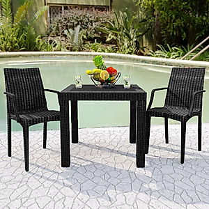 LeisureMod Hickory Weave Indoor Outdoor Patio Dining Side Armchair Set of 2 (Black)