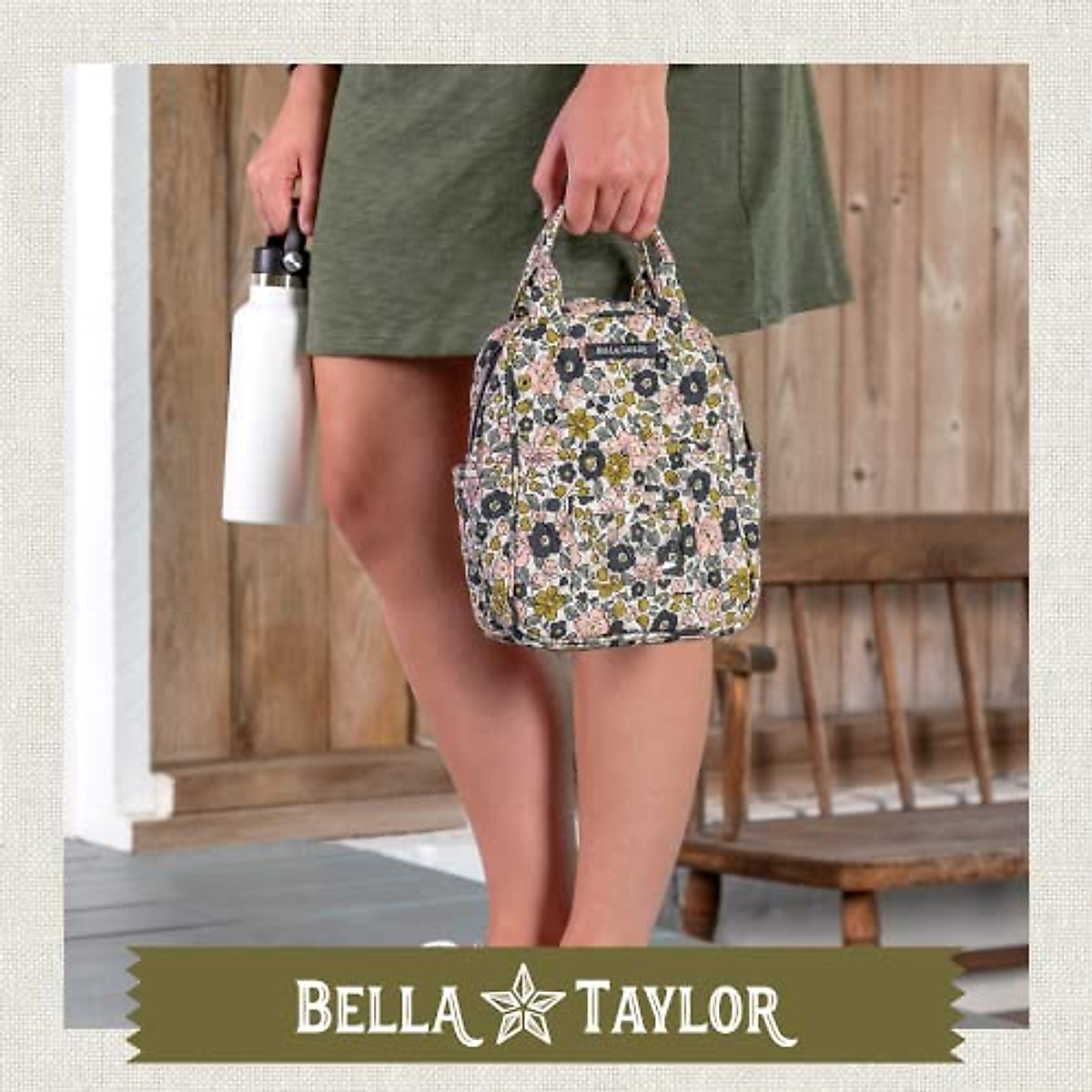 Bella Taylor Country Floral Feedsack Collection, Quilted Cotton Food Safe PEVA Lined Lunch Tote for Women and Girls, Delicate Floral Charcoal