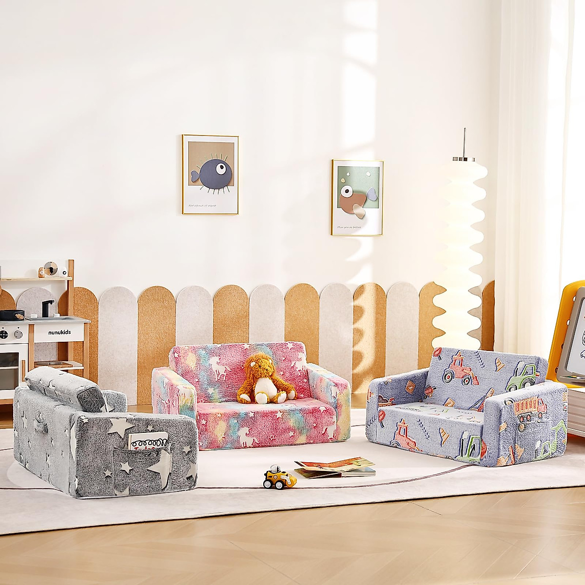 Tiita Kids Sofa Chair, 2 in 1 Toddler Fold Out Couch, Comfy Kids Sofa for Playroom-Extra Soft 2 Seats, Glow in The Dark Children Couch to Lounger for Girls Boys, Vehicles