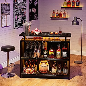 Tribesigns Home Bar Unit, 3 Tier Liquor Bar Table with Black Faux Marble Shelves and Stemware Racks, Wine Bar Cabinet Mini Bar with Acrylic Front for Home Kitchen Basement Pub, XDBAR858