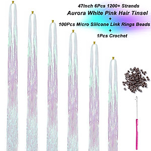 Hair Tinsel Kit With Tool Fairy Hair Tinsel Heat Resistant 47Inch Tinsel Hair Extensions 6Pcs 1200 Strands Sparkling Hair Tinsel Glitter Tinsel Hair Extensions for Women Girls Kids (White-Pink)