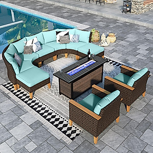 Sophia & William Patio Furniture Set with Fire Pit Table, 10 Piece Half Moon Outdoor Wicker Sectional Sofa Set, Rattan Conversation Set with 56-Inch Fire Pit Table for Backyard, Deck, Pool(Aqua Blue)