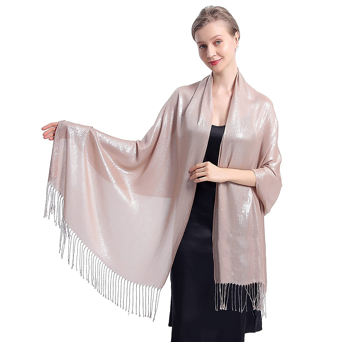 RonFoxi Rose Gold Sparkly Evening Shawls, Glittering Metallic Wraps and Scarves for Women Wedding Dresses (Rose Gold)