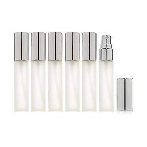 Enslz 6 pcs Frosted Fine Mist 10ml1/3oz Atomizer Glass Bottle Vial Spray Refillable Fragrance Perfume Empty Scent Bottle 2 pcs 3ML Free Pipette (10ml, Silver)
