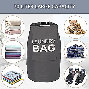 Kimmama 70L Waterproof Laundry Bag Backpack,Heavy Duty Laundry Bag with Strap,Dirty Clothes Organizer for Travel,Camping,College Dorm,Laundromat,Apartment (Grey)