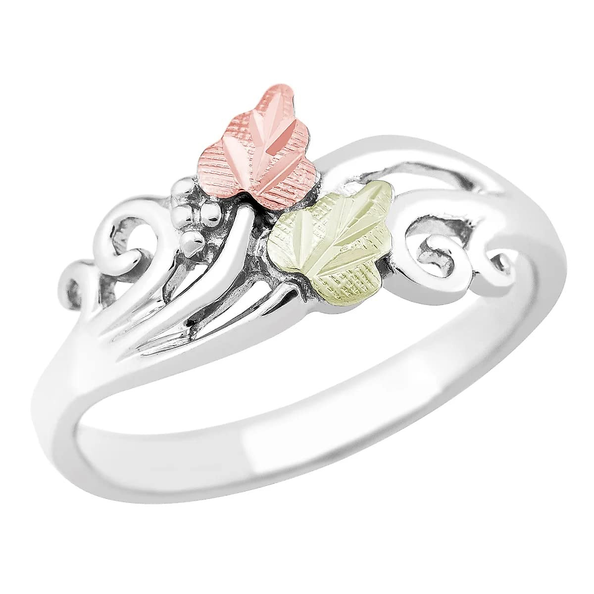 Leaf and Scrolling Vine Ring, Sterling Silver, 12k Green and Rose Gold Black Hills Gold Motif, Size 3.75