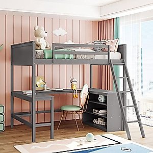 BIADNBZ Full Size Loft Bed with 2 Desks and Bookshelves,Wooden LoftBed with Guardrails and Ladder for Kids/Teens/Bedroom,Gray