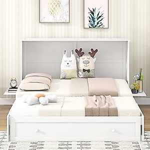 CJLMN Modern Queen Size Murphy Bed with Storage Drawer and Little Shelves on Each Side,Solid Wood Foldable Platform Bed Frame can Convert to Cabinet,Space Saving Design