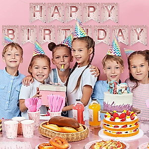 Roshtia 171 Pcs Pink Rose Gold Birthday Party Supplies Pink Birthday Tableware Set Rose Gold Party Plates and Napkin Tablecloths with Banner and Forks Knives Spoons Serve 24 Guest