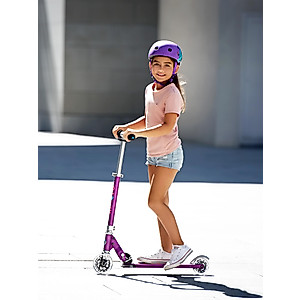 Micro Kickboard- Sprite LED - 2 Wheeled Kick Scooter Ages 6+, fold-to-Carry, Lightweight, Portable Scooter with Motion-Activated Light-up Wheels (Purple Stripe)