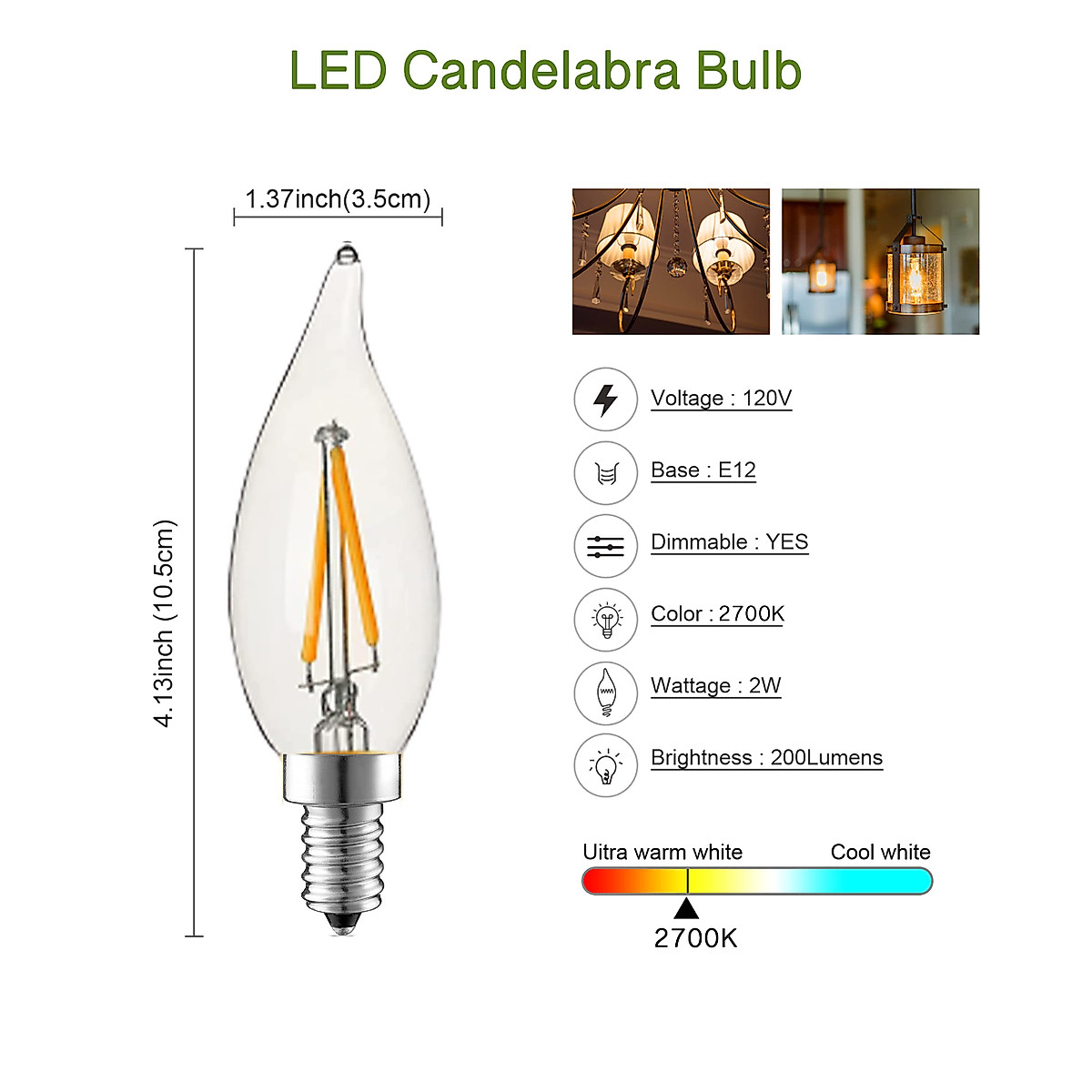 HMYYJT Dimmable LED Candelabra Bulb 25W Equivalent E12 LED Bulb 2700K Soft Warm White, Chandelier Light Bulbs, 2W 200LM Flame Tip CA10 Candle Light Bulb 24 Pack e12 Bulb.