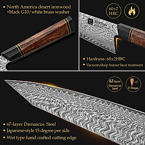 XINZUO 8.5 inch Chef Knife Damascus Steel Hand Forged Kiritsuke Kitchen Knife, Professional Gyuto Knife-Desert Ironwood Handle with Black Walnut Wooden Sheath and Acacia Wooden Box
