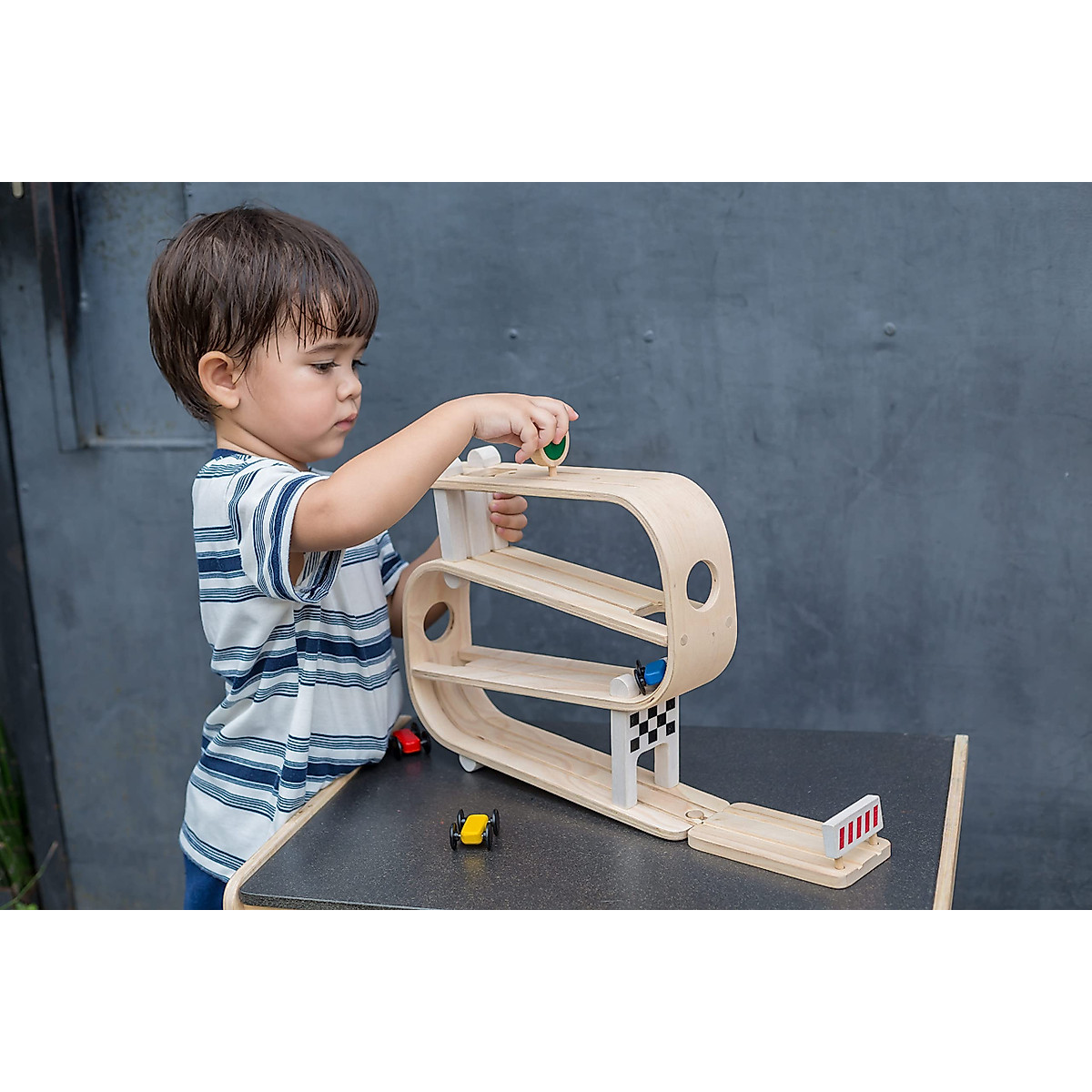 PlanToys Wooden Ramp Racer with 3 Cars (5379) | Sustainably Made from Rubberwood and Non-Toxic Paints and Dyes