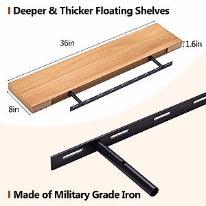 Fun Memories Floating Shelves, 8 Inch Deep Rustic Elm Wood Wall Shelves for Storage, Wall Mounted Display Shelving with Invisible Heavy-Duty Metal Bracket (Natural, 36" W x 8" D, Set of 2)