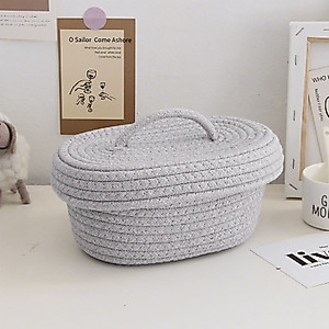 Cotton Rope Storage Basket with Lid,Desktop Storage Box,Multifunctional Handmade Oval Woven Basket,Sundries Storage Basket,Lidded Woven Storage Bin for Makeup Sundries Snack Needles(Grey)