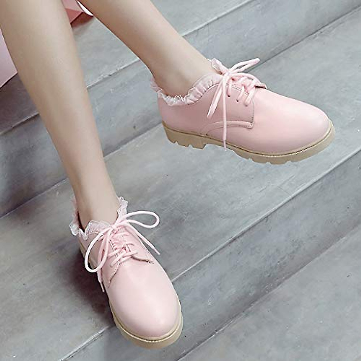 Fheaven Women's Casual Shoes Lace up Loafers Flat Platform Ankle Boots Round Toe Sneakers Shoes Pink