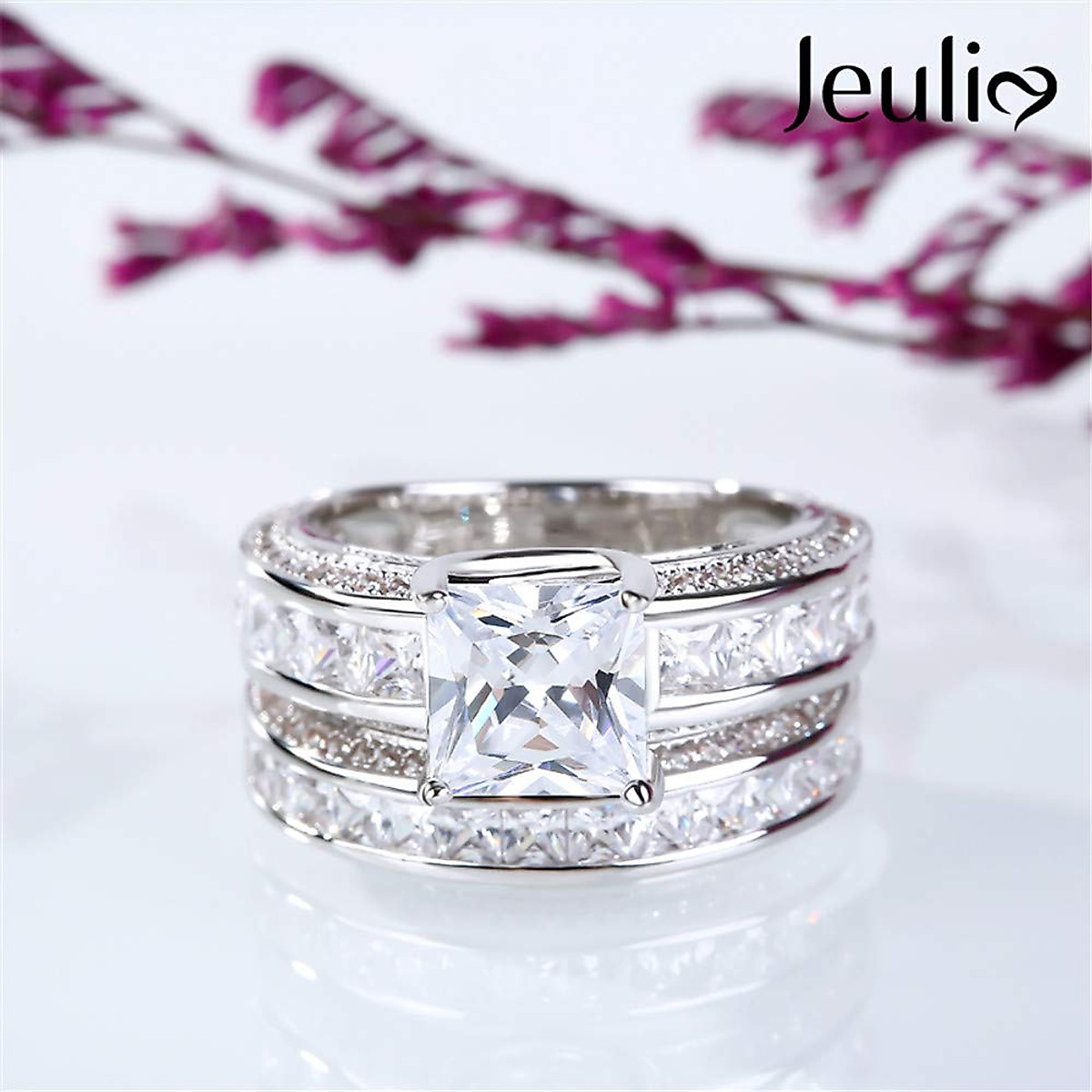 Jeulia 2.85 Carat Sterling Silver Princess Cut Bridal Set Engagement Wedding Rings Bands with Cubic Zirconia for Women with Jewelry Gift Box (8)