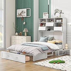 YSWH Queen Murphy Bed Chest, Wood Murphy Bed Frame with Bookcase, Bedside Shelves and Drawer, Versatile Chest Bed Folding Bed for Bedroom Furniture, Foldable Platform Bed Folded into Cabinet