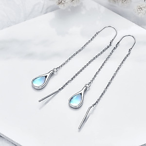 Moonstone Threader Earrings Long Chain Drop Earrings in 925 Sterling Silver