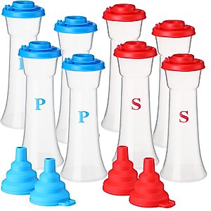 Dandat Set of 8 Plastic Salt and Pepper Shakers Salt Shaker with Lid Hourglass Salt Shaker Pepper Food Containers Salt Shaker with Funnels for Restaurant Kitchen Camping, Red and Blue