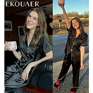 Ekouaer Silk Pajamas Set Satin Button Down Bridesmaid Pajamas Classic Soft Pjs Set(Black,SMALL)