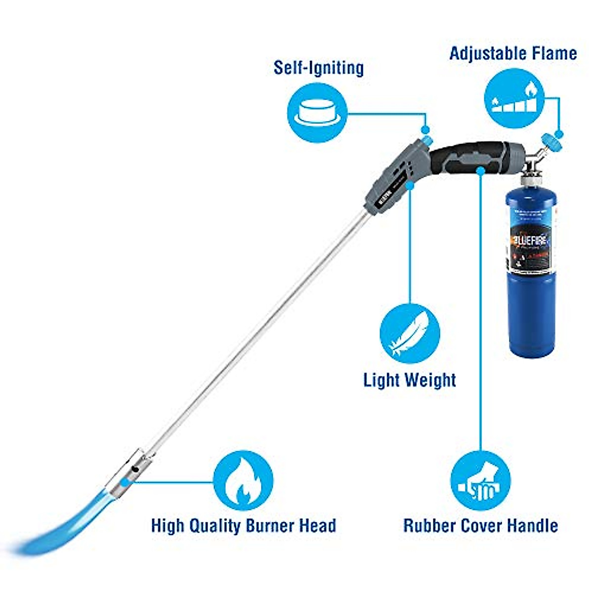 BLUEFIRE 32" Long Propane Weed Torch Burner,Blow Torch,Trigger Start Self Ignition on Handle,Single Hand Operation, Lightweight Portable Weeds Burn Garden Tool Snow Ice Roof Road Charcoal Fire Starter