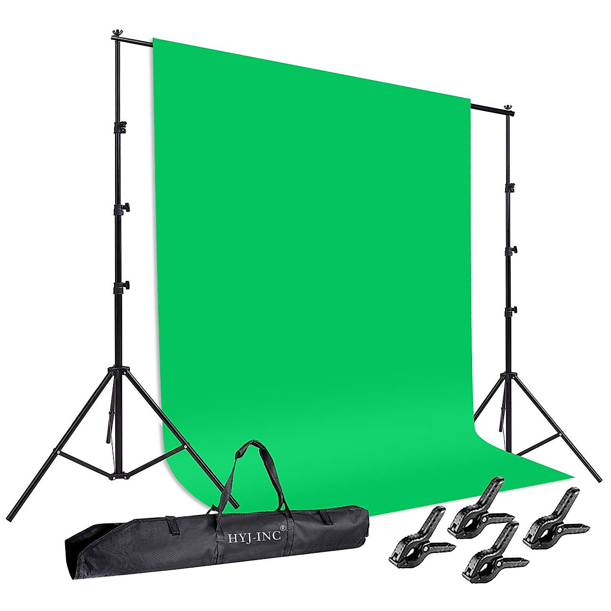 HYJ-INC Photo Background Support System with 8.5 x 10ft Backdrop Stand Kit, 6 x 9.5ft 100% Pure Muslin Chromakey Green Screen Backdrop,Clamp, Carry Bag for Photography Video Studio