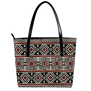 Vintage Ukrainian Floral Pattern Tote Bag for Women Girls, Leather Shoulder Bag with Inside Pockets, Zip Top Handbags