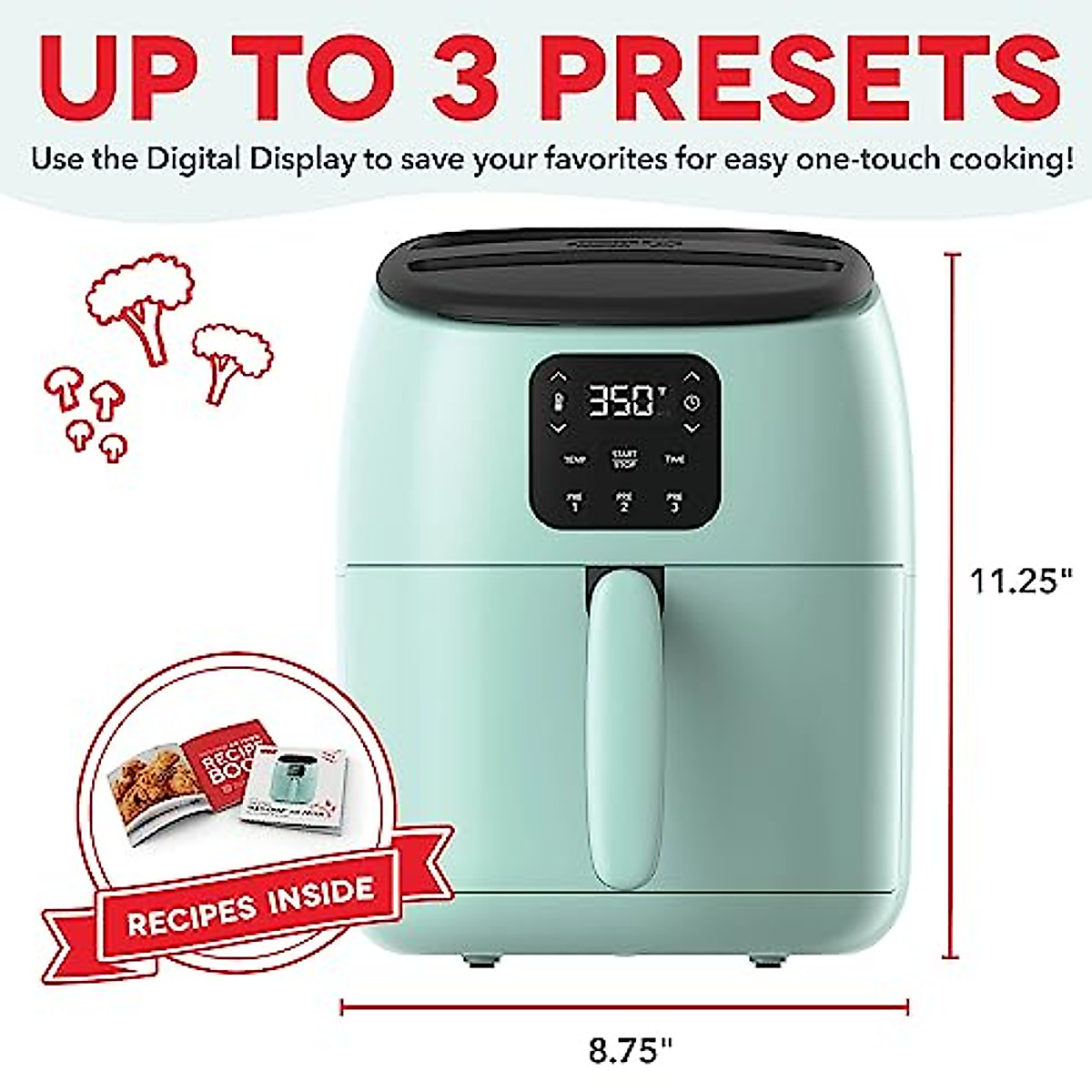DASH Tasti-Crisp™ Digital Air Fryer with AirCrisp Technology, Custom Presets, Temperature Control, and Auto Shut Off Feature, 2.6 Quart - Aqua