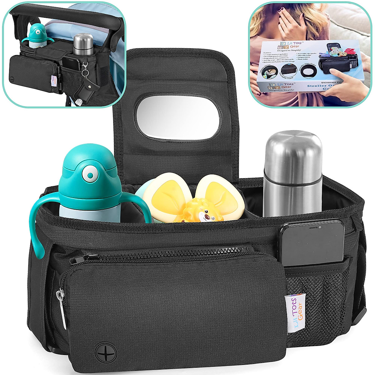 Baby Stroller Organizer - Stroller Caddy with Insulated Cup Holder attachment & Diaper Storage for On-The-Go Secure Straps, Detachable Bag, Pockets for Phone, Keys & Toys with Universal Design