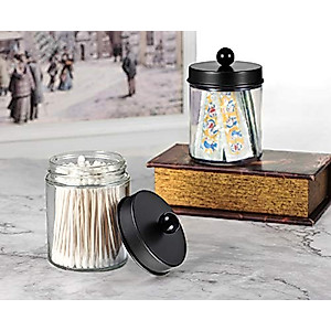 4 Pc Black Apothecary Jars Bathroom Storage Organizer - Cute Qtip Holder Vanity Canister & 2 Pcs Mason Jar Soap Dispensers -Rustproof Stainless Steel Lid &Pump, Refillable Hand Soap for Bathroom, Grey