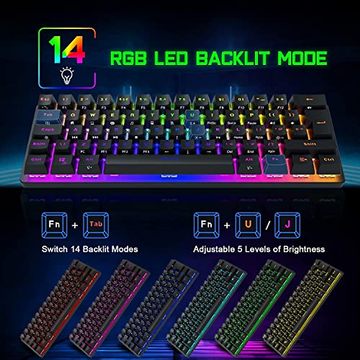 Compact 60% Mechanical Gaming Keyboard with Ergonomic Anti-ghosting Mini 61 Key Layout Rainbow RGB Backlight Waterproof Metal Plate Type-C USB Wired for PC Mac Gamer Office Typist (Black/Blue Switch)