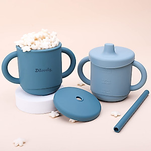 Dilovely Silicone Sippy Cup for Toddler, Transition Straw Cups for baby 12 months +, Unbreakable Kids Cups 3 in 1, 2 Pack Dishwasher & Microwave Safe, BPA Free 7oz Green