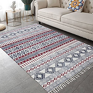 Casavani Hand Block Printed Cotton Dhurrie Geometric Red & Black Area Rug Doormat Floor Rug Indoor Area Rugs for Bedroom Living Room Laundry Room 3x5 Feet