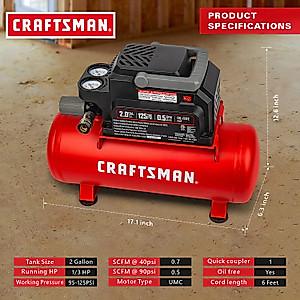 Craftsman Air Tools, 2 Gallon Portable Air Compressor 1/3 HP Oil-Free Max 125 PSI Pressure, Hot Dog, Model: CMXECXA0200243