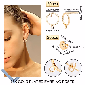 Beebeecraft 1 Box 20Pcs 18K Gold Plated Stud Earrings with Loop Simple Circle Geometry Earring Posts with 20Pcs Butterfly Ear Back for Valentine's Day Jewelry Making