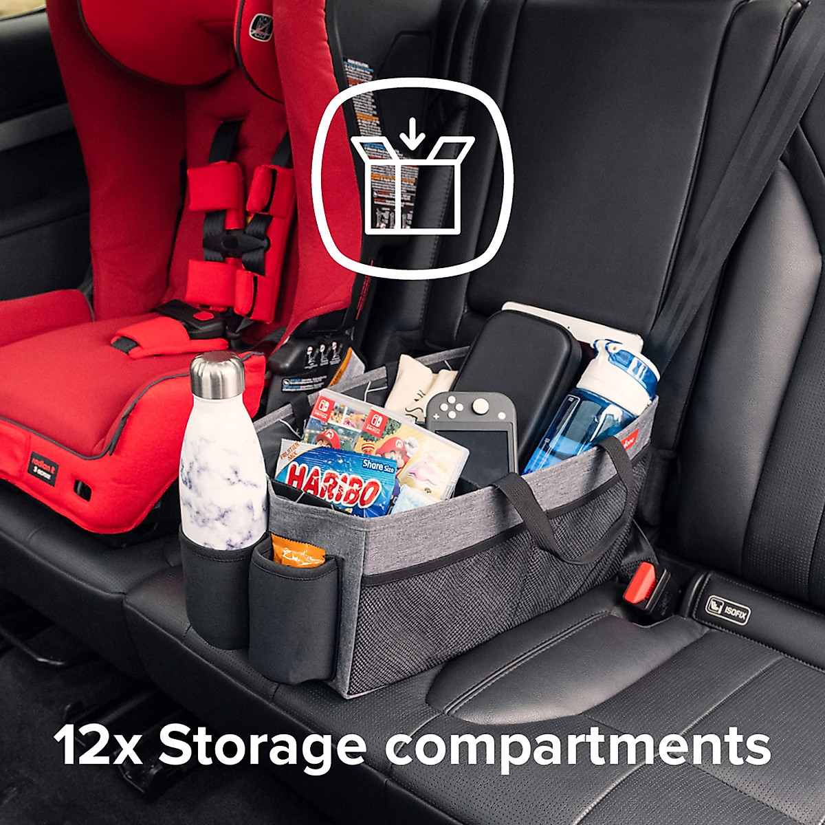Diono Travel Pal XL Back Seat Car Organizer, 12 Compartments for Kids and Pet Toys, Insulated Drink Holder, Dividable Storage, Reinforced Carry Handles, Collapsible Car Organizer, Folds Flat, Grey