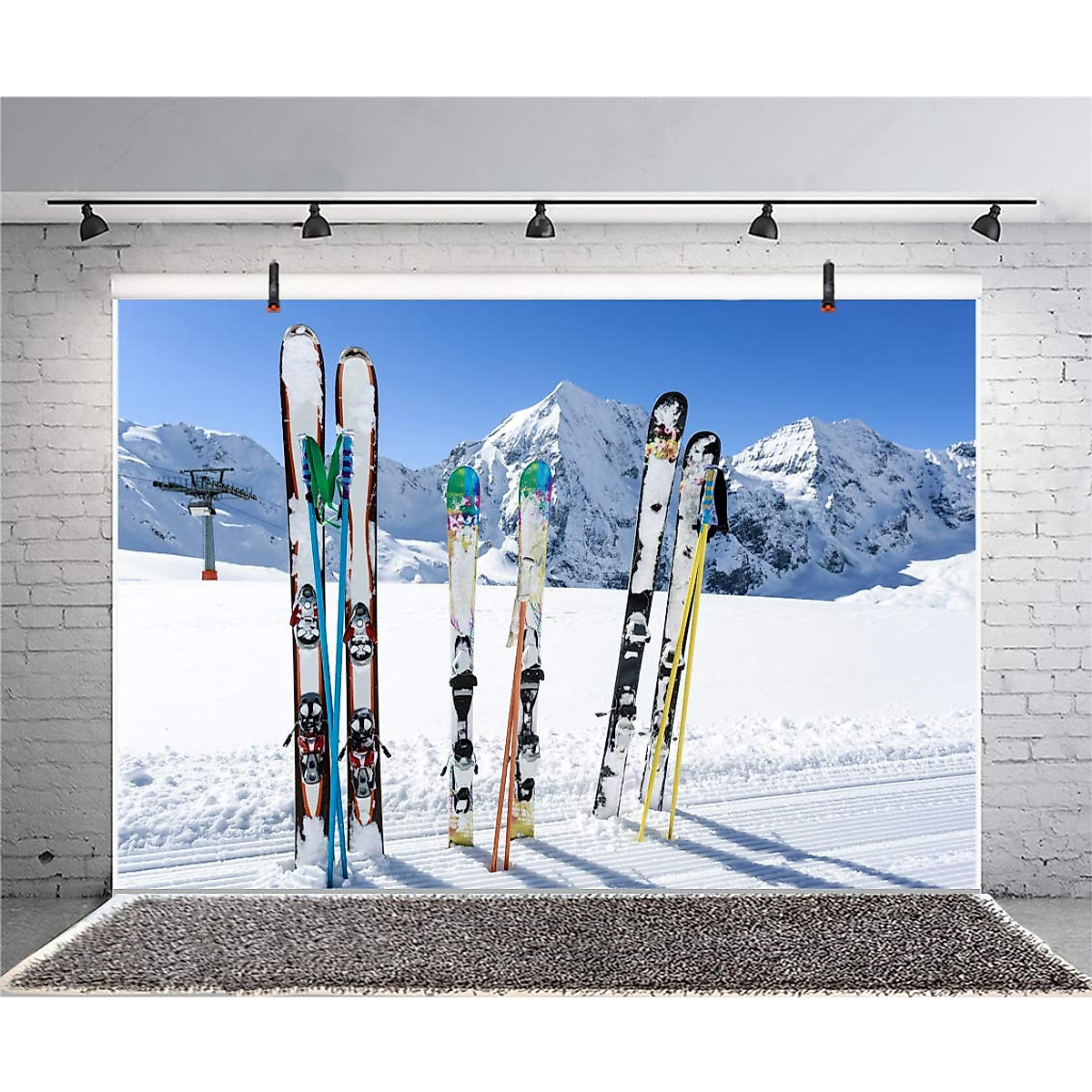 Leyiyi 10x7ft Ski Boards Stand in Snow Backdrop Cold Winter Sport Go Skiing Snow Covered Mountain Outdoor Adventure Photography Background Merry Christmas New Year Photo Studio Prop Vinyl Wallpaper