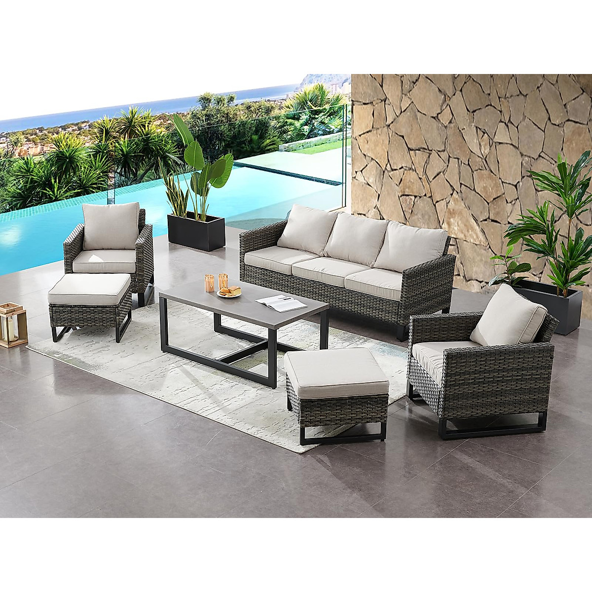 HUMMUH 6 Piece Patio Furniture All Weather Wicker Outdoor Sectional Sofa,High Back Patio Chairs,Coffee Table and Ottomans Set for Porch,Garden,Backyard