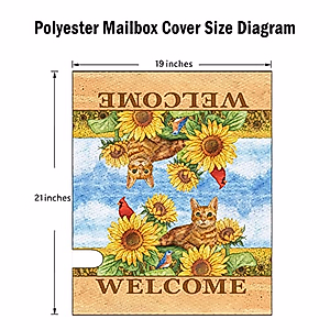 FBCOO Welcome Spring Summer Sunflower Cat Cardinal Mailbox Cover Magnetic Standard Size 21" x 19", Fall Autumn Kitty Tabby Flowers Decorative Post Letter Box Wrap Decor Red Bird Garden Yard Decoration