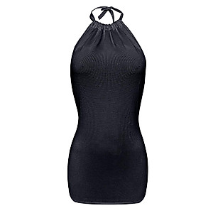 LULU99 Women Dress Elegant Sexy Metal Hanging Neck Tank Dress Fashion Casual Bohemian Sleeveless Solid Mini Dress Black