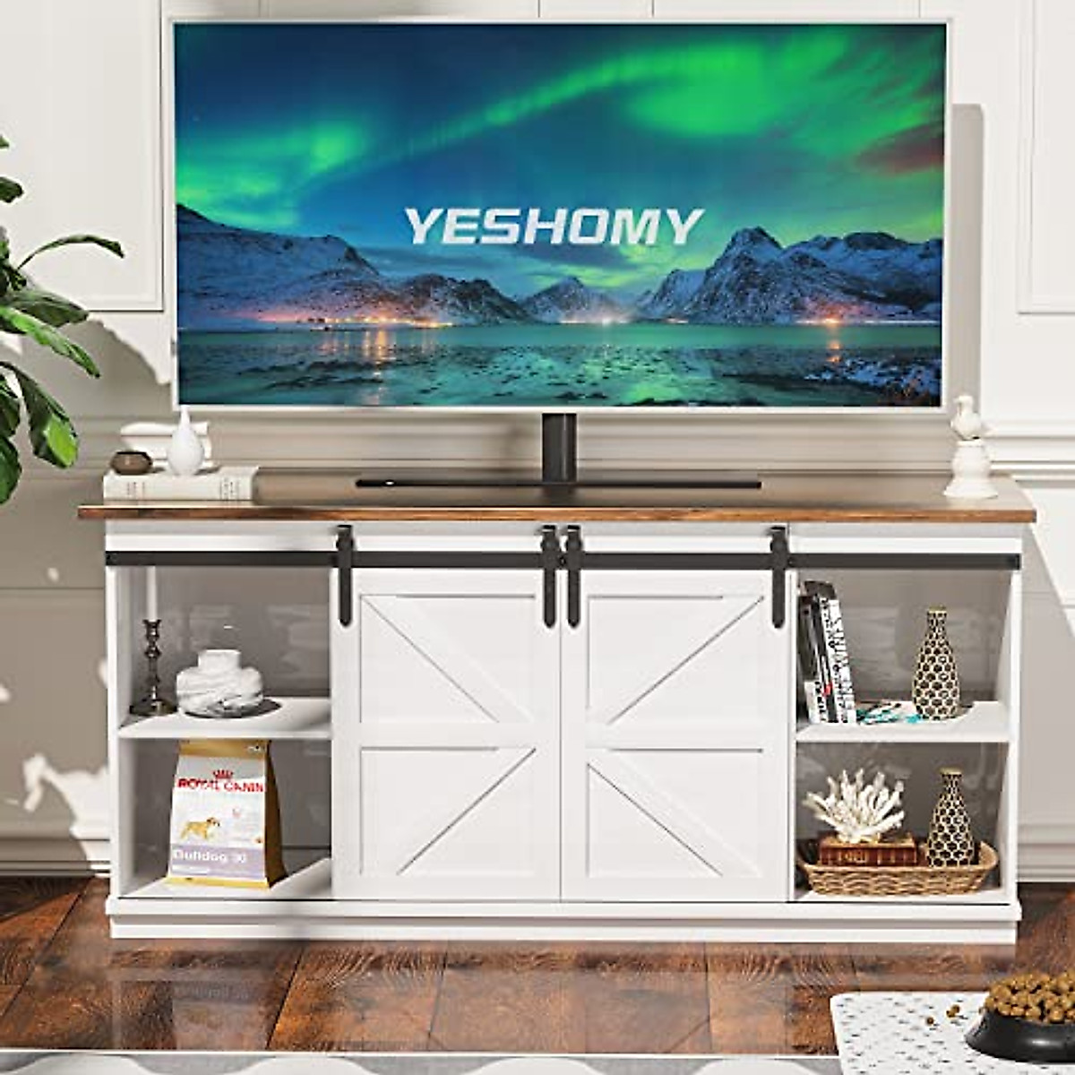 YESHOMY Farmhouse TV Stand for Televisions up to 65+ Inch with Sliding Barn Doors and Storage Cabinets, Entertainment Center Console Table, Media Furniture for Living Room, 58 Inch, White