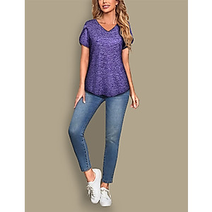 MISS FORTUNE Womens V-Neck Short Sleeve Activewear T-Shirt Petal Sleeve Casual Athletic Moisture Wicking Fitness Tops Purple XL