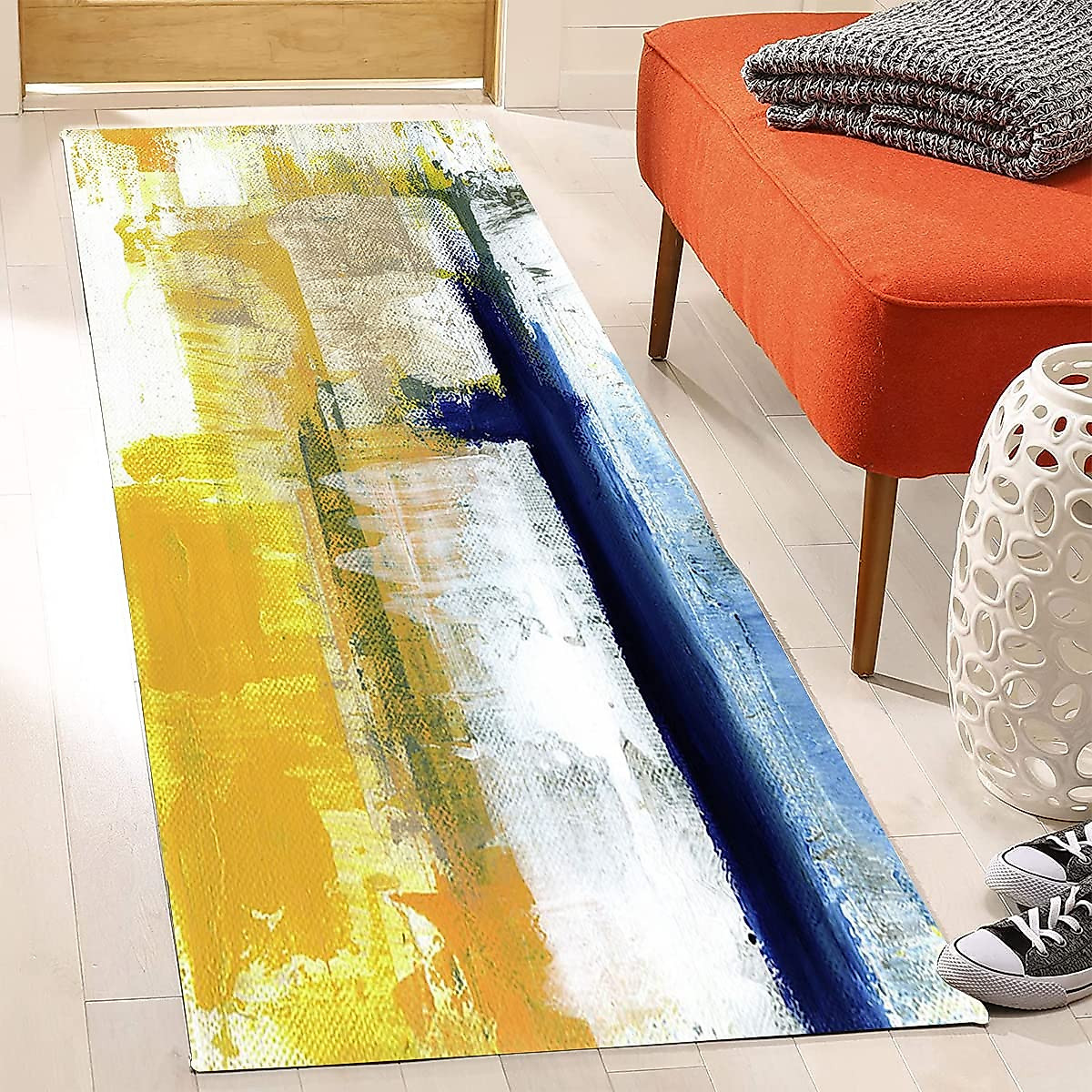 Mamatong Contemporary Modern Abstract Blue Yellow Vibrant Area Rug 5x7 Ultra Soft Wool Aesthetic Rug for Living Room Bedroom Dining Office Art Deco Floor Rug Kitchen Hallway Runner