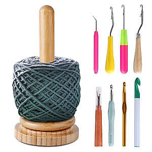 PhantomSky Wood Yarn Dispenser Yarn Spinner Wool Thread Holder Yarn Ball Holder with 8 PCS Crochet Hooks Set for Knitting, Crochet