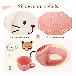 BigNoseDeer Cute Cat Mug Kawaii Tea Cup Pink Ceramic Coffee Mug with lid,Tea Cups and Saucers Cute Cool Preppy Stuff Cute Gifts Cat Gifts for women Cat Lovers Christmas Gifts 10oz